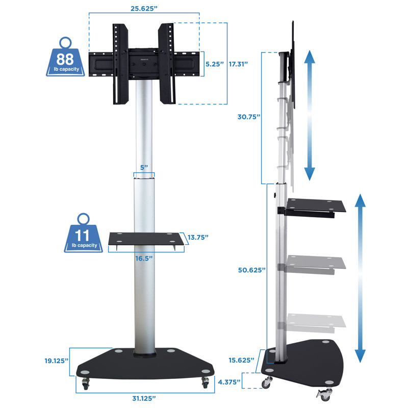 Mount-It! Mobile TV Cart, Height Adjustable Rolling Stand with Component Shelf and Rolling ...